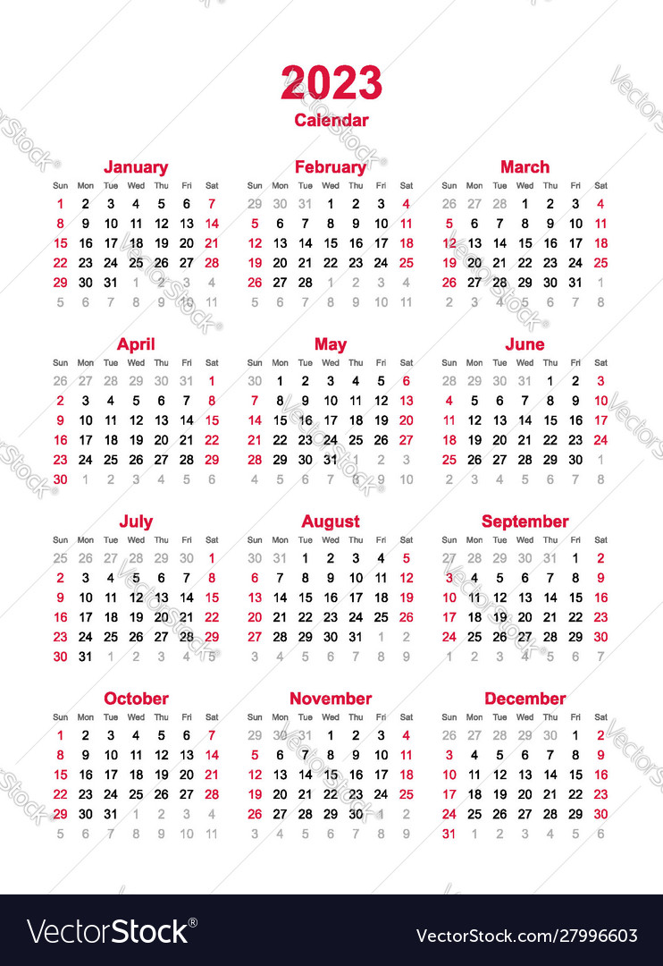 Calendar 2023 12 Months Yearly Royalty Free Vector Image