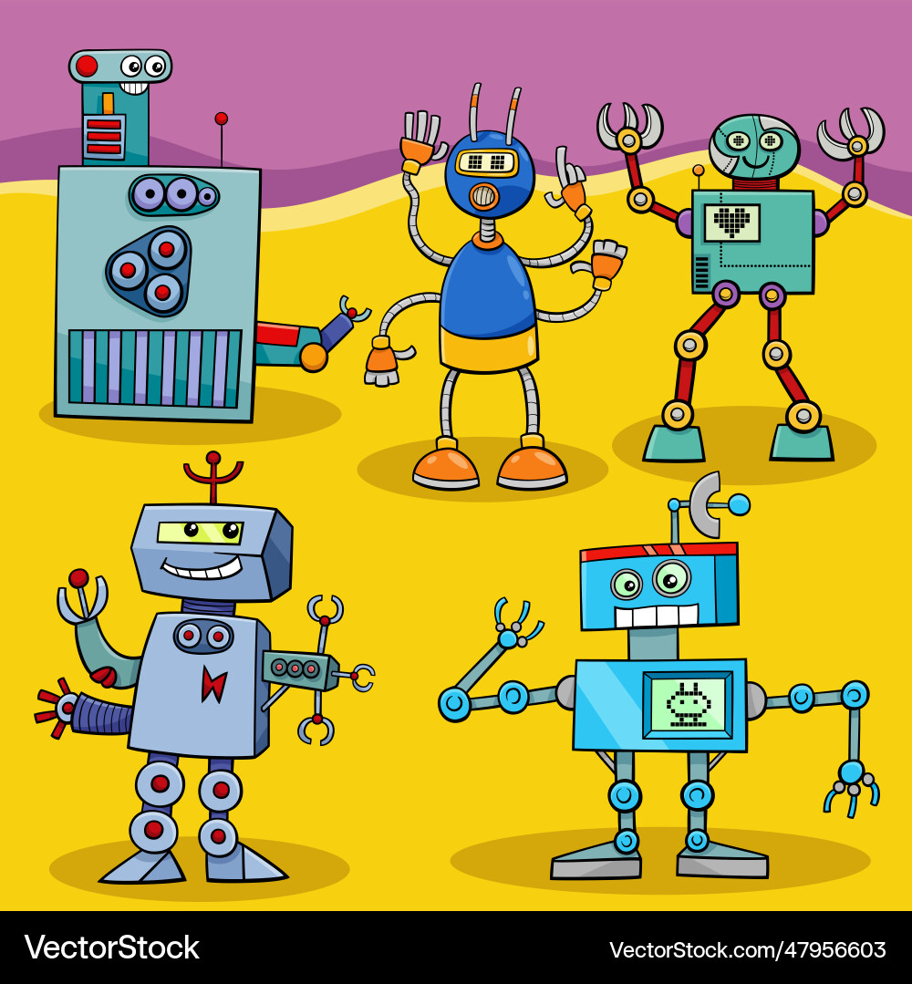 Cartoon robots and droids comic characters group Vector Image