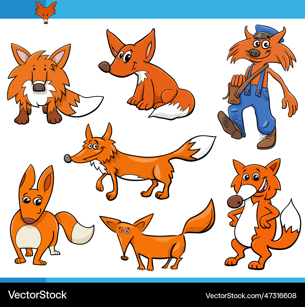 Cartoon funny foxes animal comic characters set Vector Image