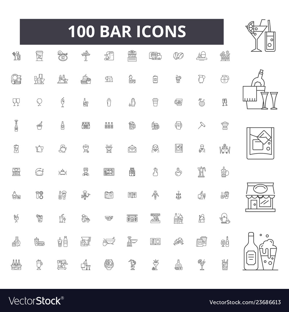 Bar editable line icons 100 set Royalty Free Vector Image