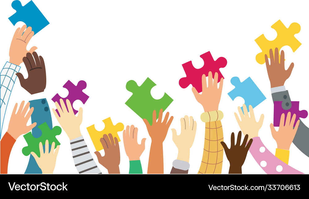 Many hands holding colorful puzzle pieces Vector Image