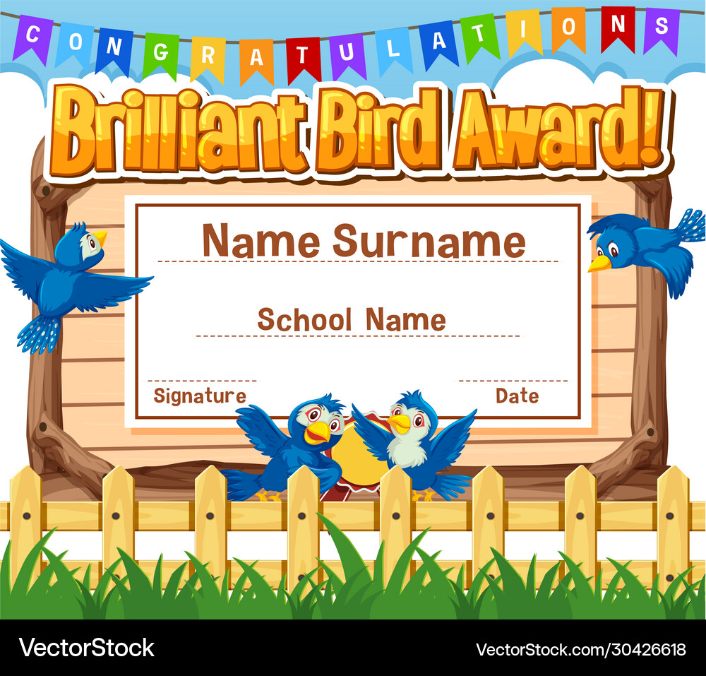 Certificate template design for brilliant bird Vector Image
