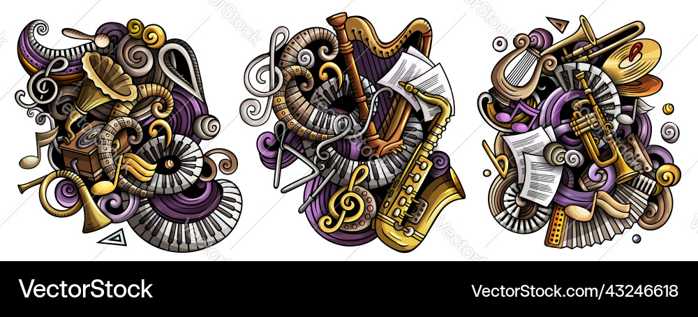 Classical music cartoon doodle designs set Vector Image