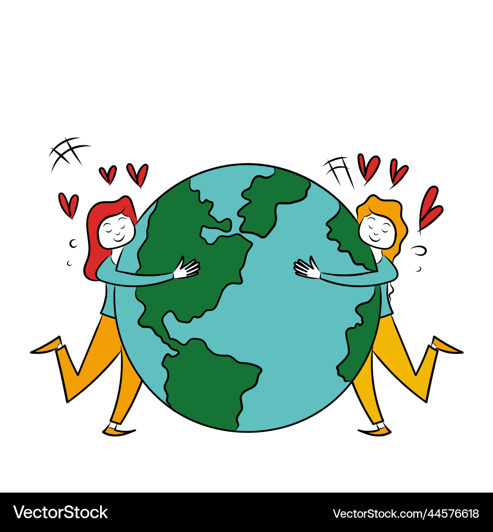 Hand drawing doodle woman hugging earth globe Vector Image