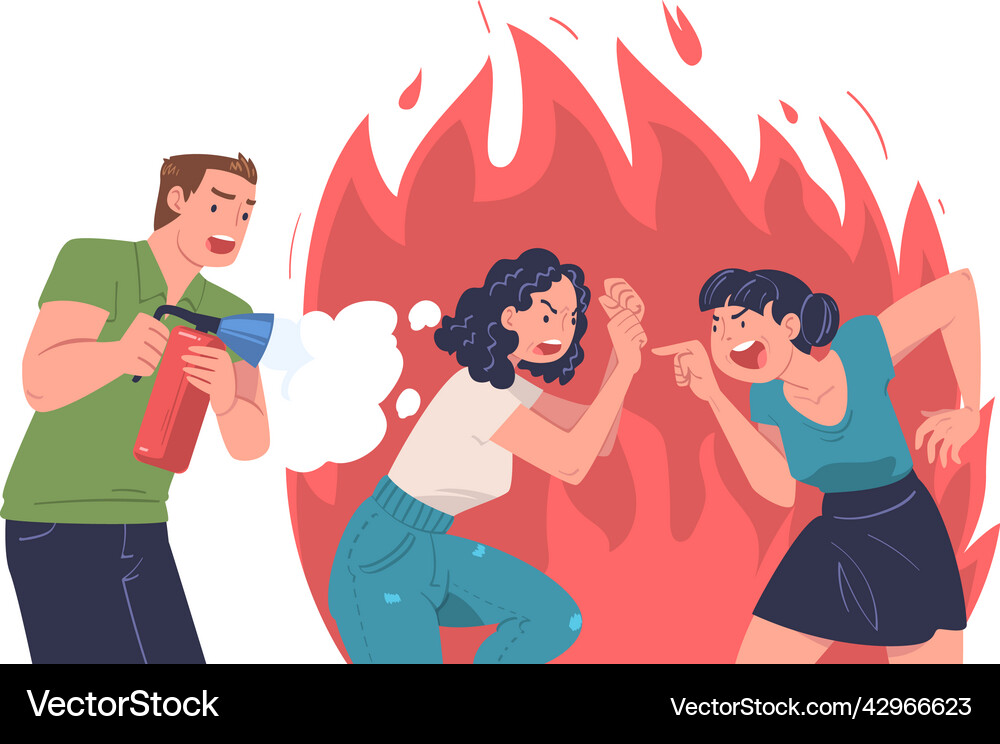 Man character extinguishing burning angry shouting