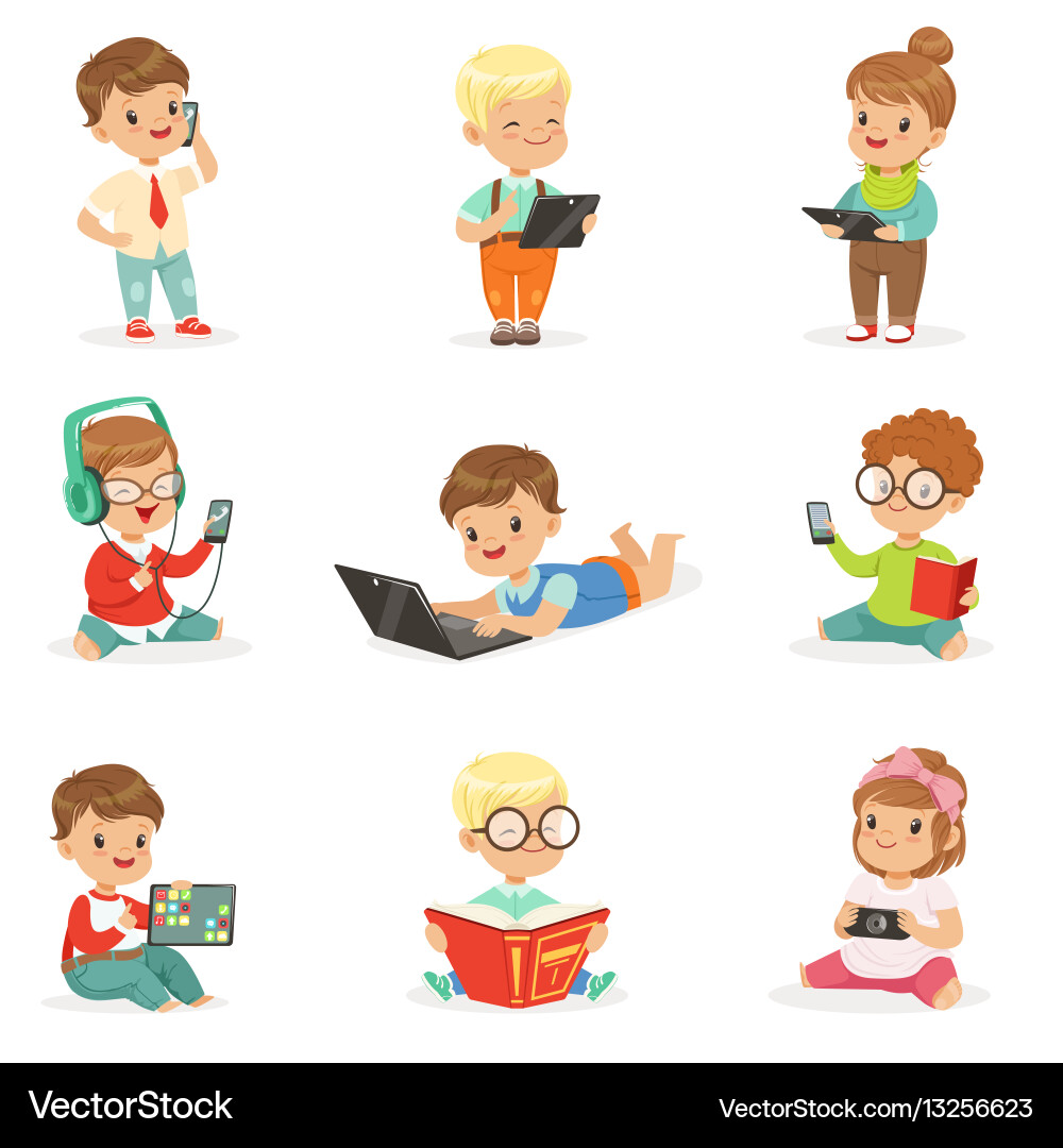 Small kids using modern gadgets and reading books Vector Image