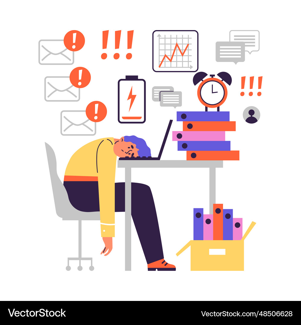 Burned out workaholic laying his head on table Vector Image