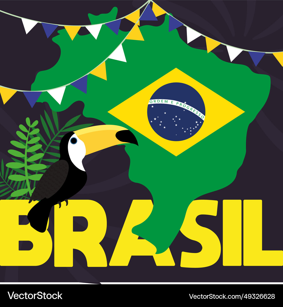 Colored brazil poster with its map and flag Vector Image