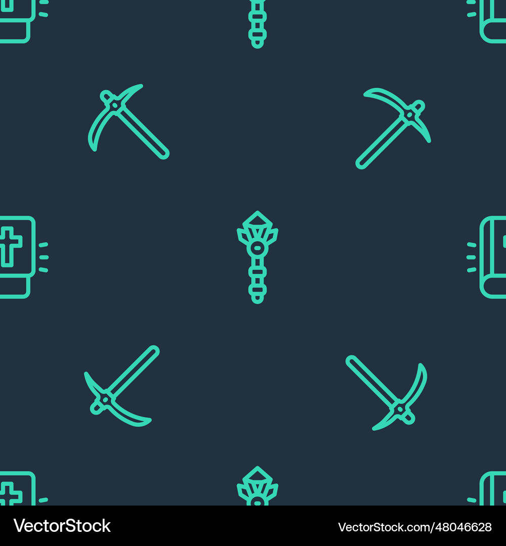 Set line magic wand pickaxe and holy bible book Vector Image
