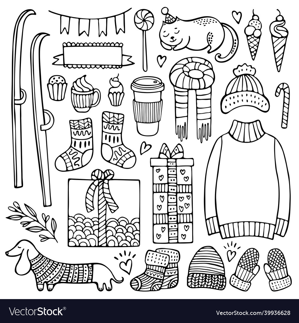 Set of doodle christmas and winter elements Vector Image