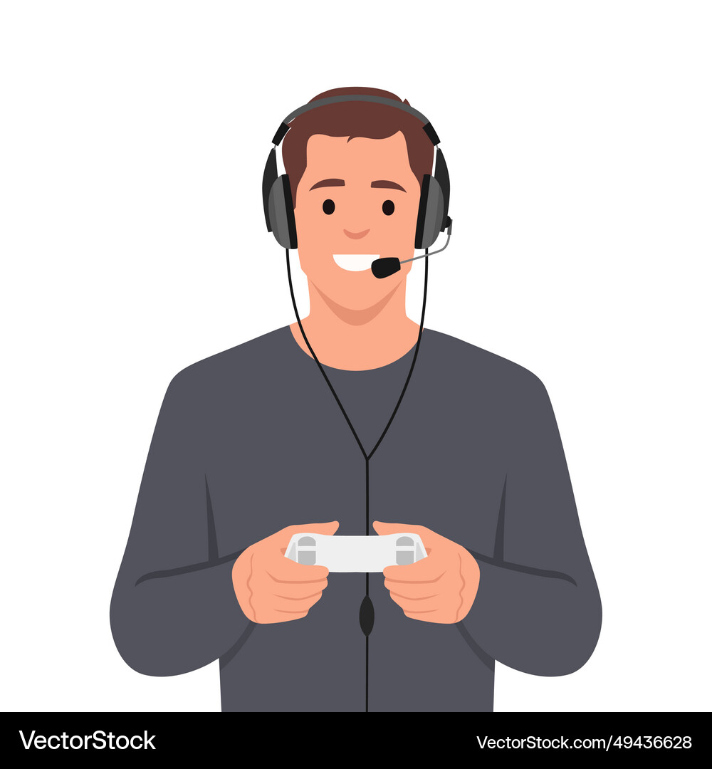 Young happy man playing video game holding Vector Image
