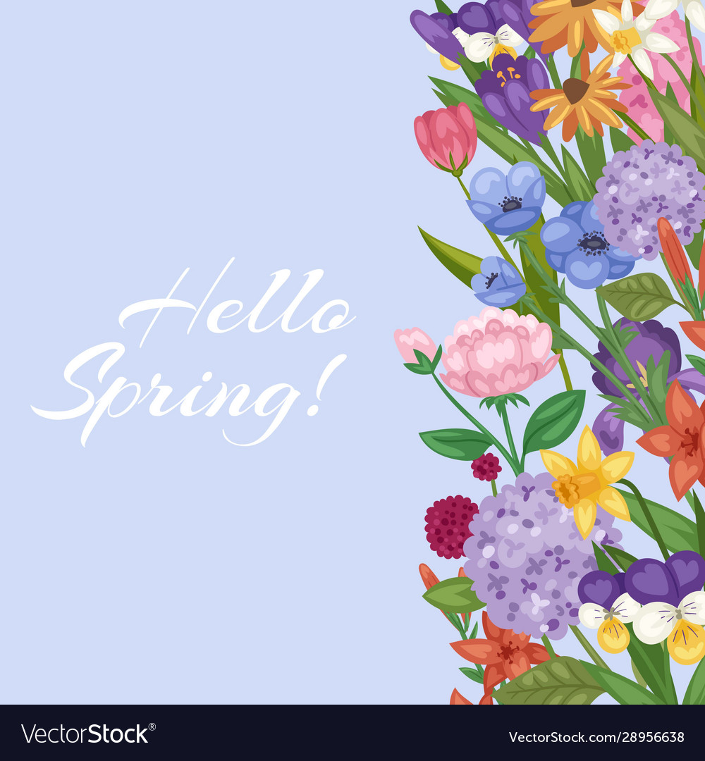 Hello spring floral background with flower bouquet