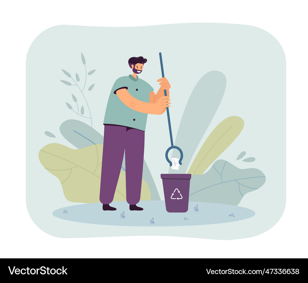 Volunteer with garbage picker putting litter Vector Image