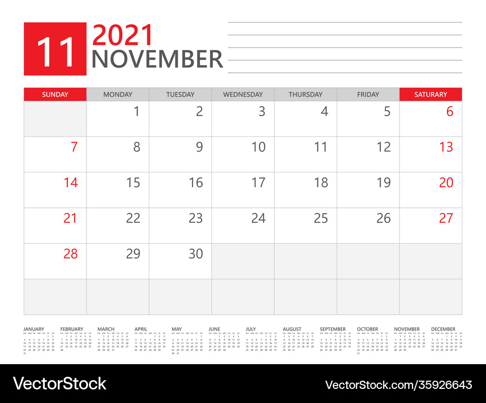 November 2021 calendar planner set for template Vector Image