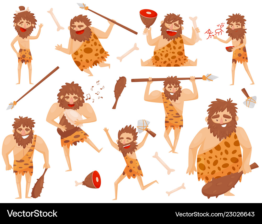 Stone Age Cavemen Cartoon Set Royalty Free Vector Image
