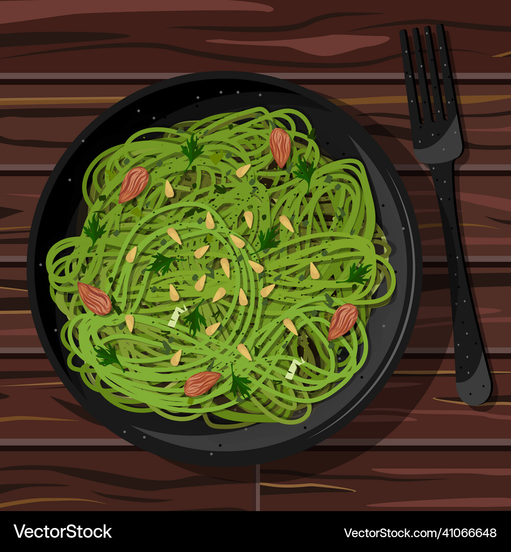 Long green pasta on wooden table Royalty Free Vector Image