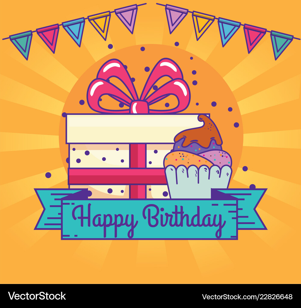 Present gift with muffin and ribbon decoration Vector Image