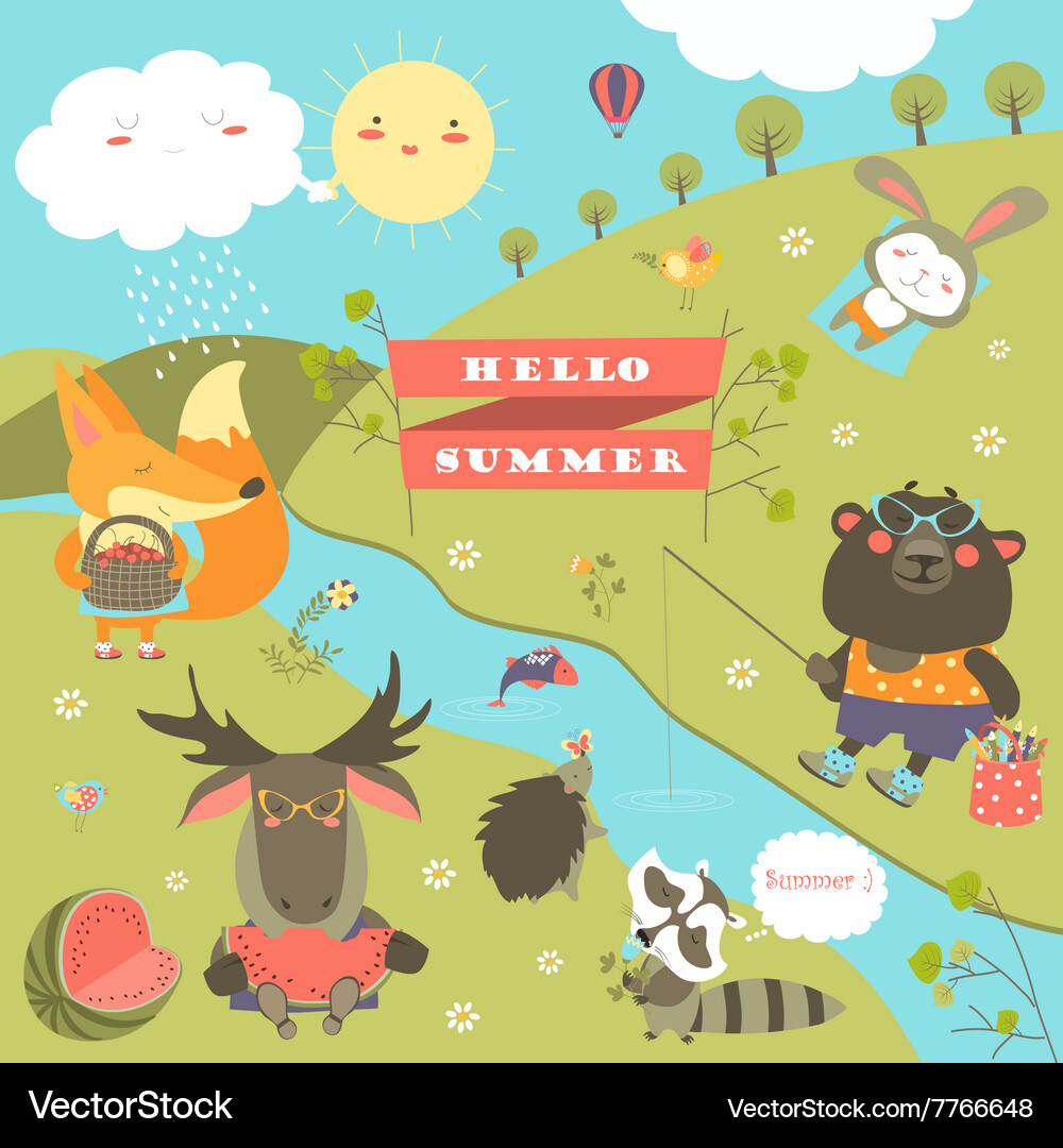 Set of cartoon characters and summer elements Vector Image