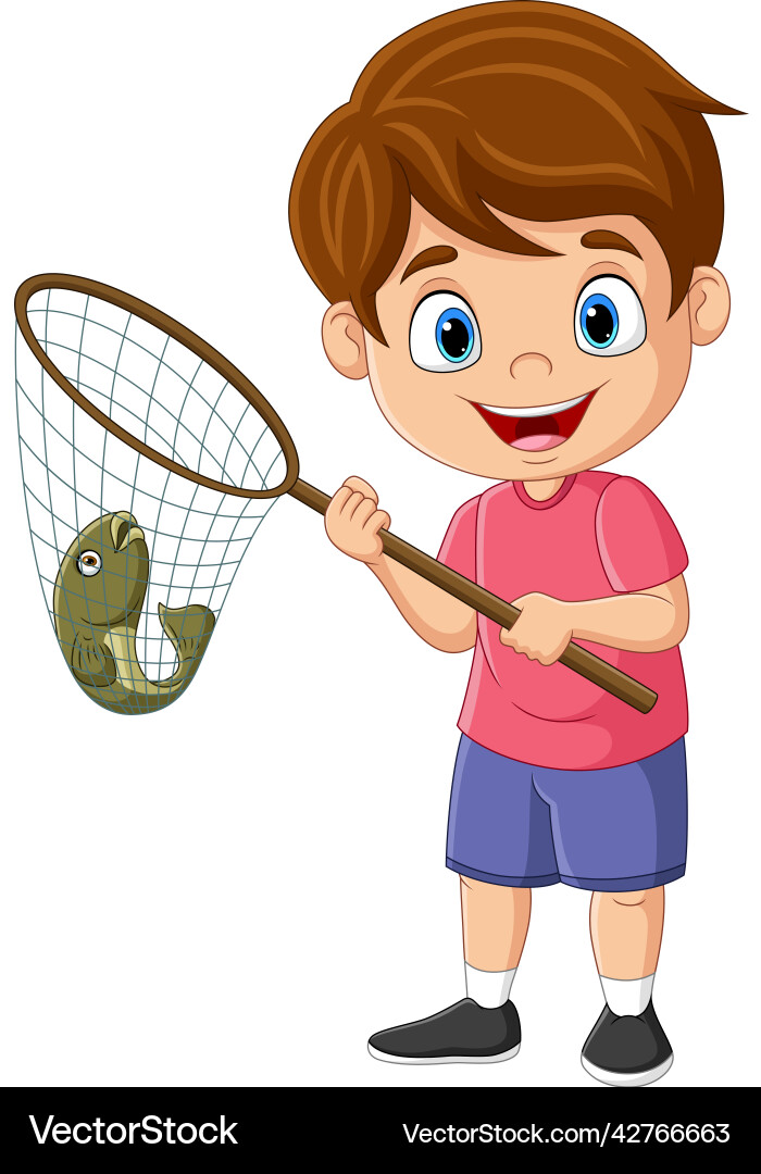 Cartoon little boy catching fish with net Vector Image