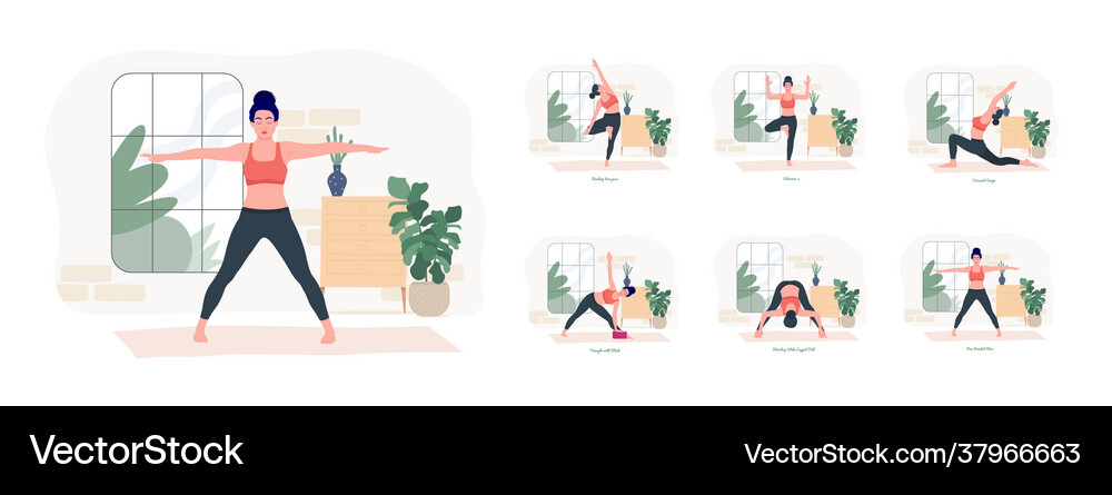 Yoga poses set young woman practicing pose Vector Image