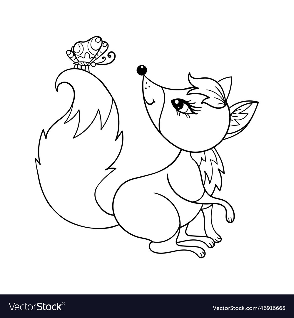 A cute fox with a butterfly on its tail black and Vector Image