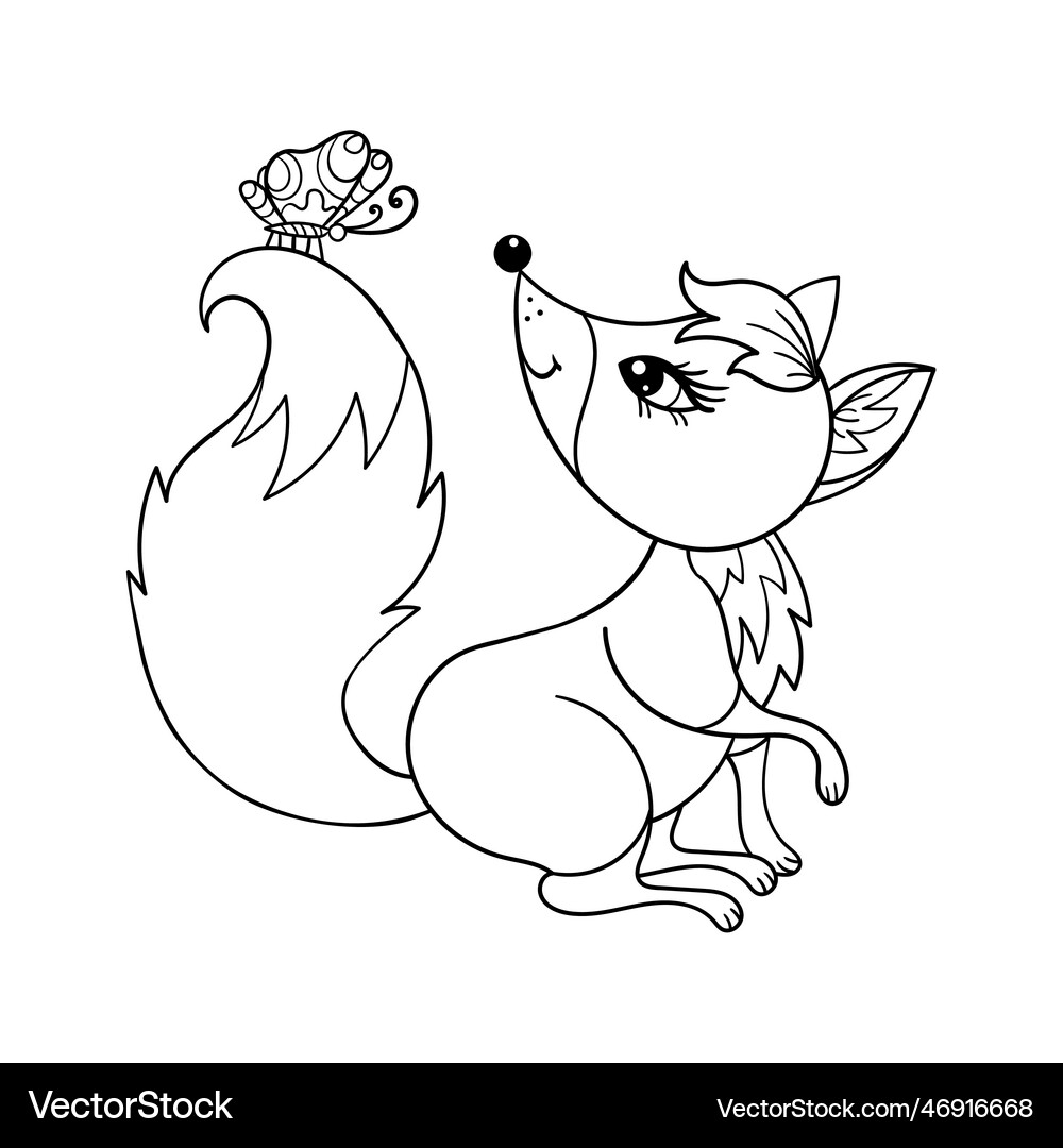 A cute fox with butterfly on its tail black Vector Image
