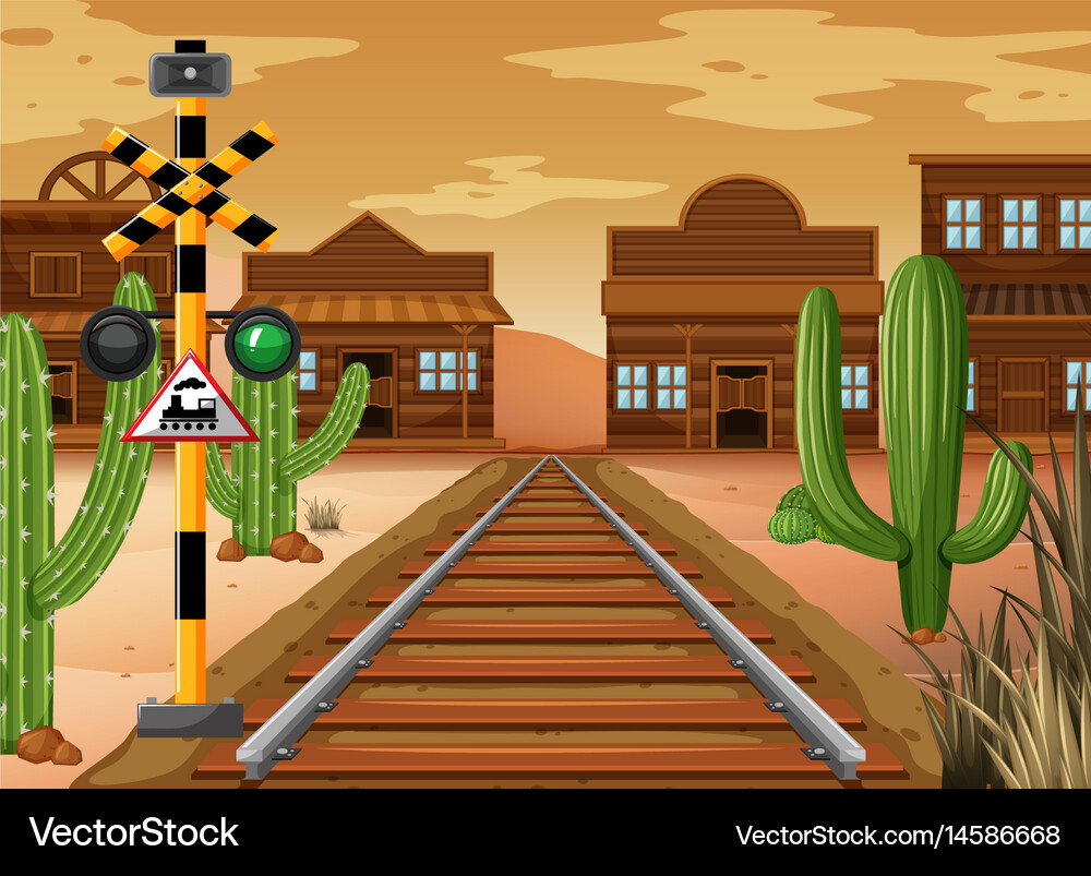 Scene with train track in western town Royalty Free Vector