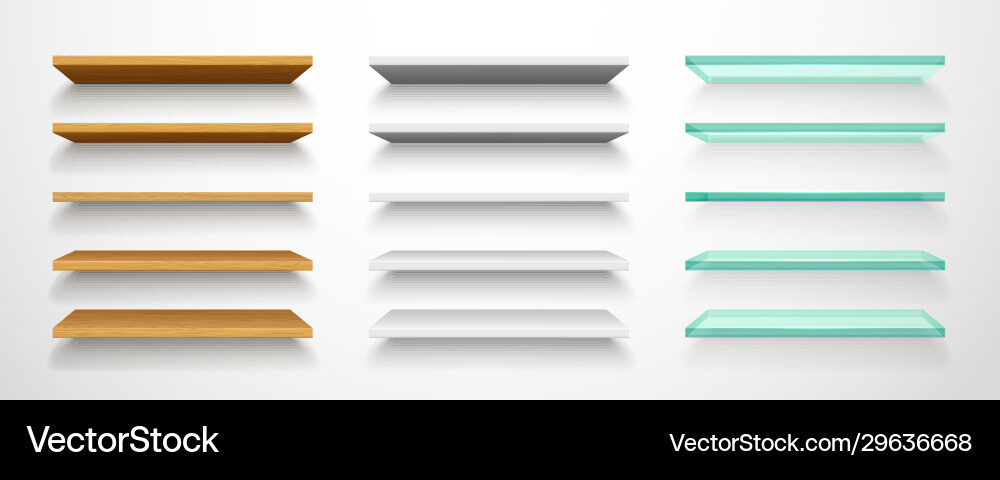 Set isolated 3d book shelf or shelves Royalty Free Vector