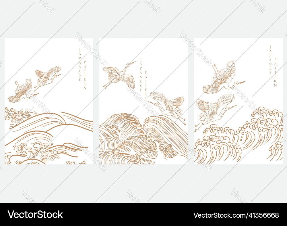 Set of hand drawn wave with japanese pattern Vector Image