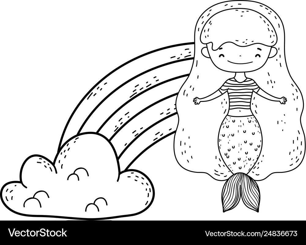 Cute mermaid with clouds and rainbow Royalty Free Vector