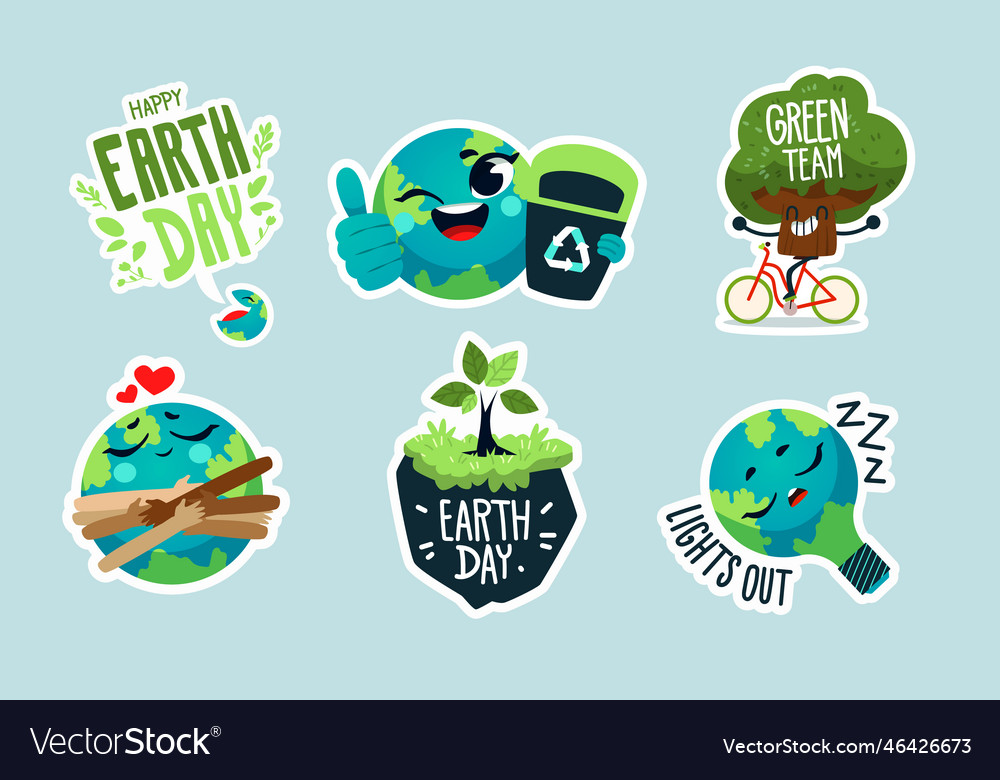 Flat stickers set earth day celebration Royalty Free Vector