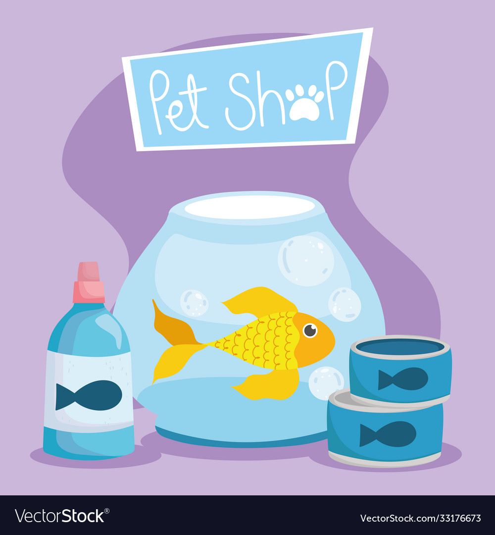 Pet shop fish in bowl medicine bottle and food Vector Image