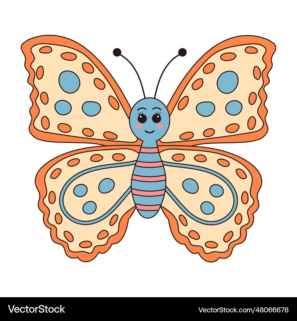 Groovy retro cartoon butterfly character linear Vector Image