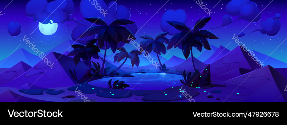 Night oasis in sand desert with palm tree Vector Image