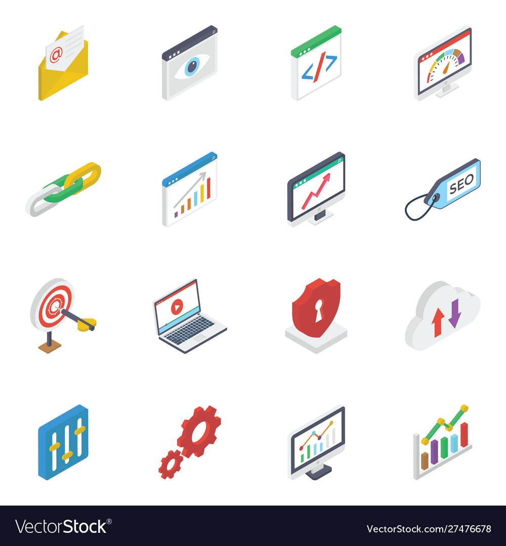 Seo isometric pack on white background Royalty Free Vector