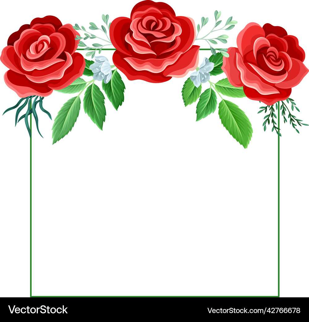 Square rose frame with red lush bud and green Vector Image