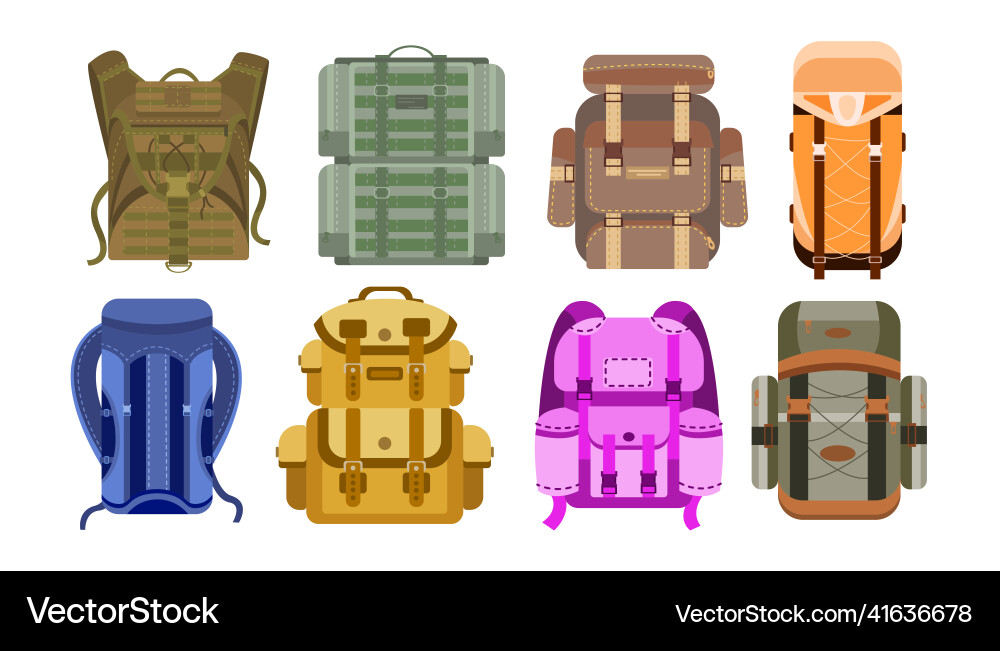 Various camping and hiking backpacks cartoon set Vector Image
