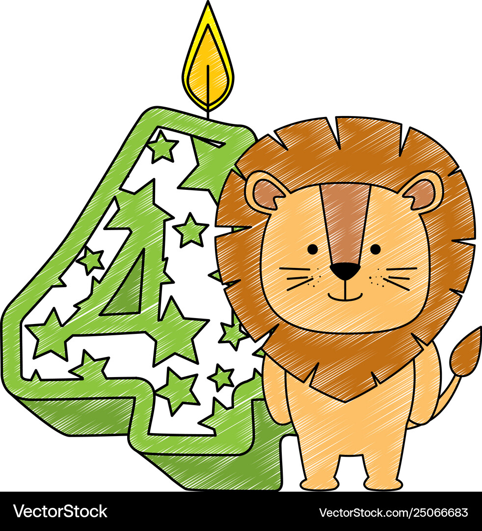 Cute number four candle with lion Royalty Free Vector Image