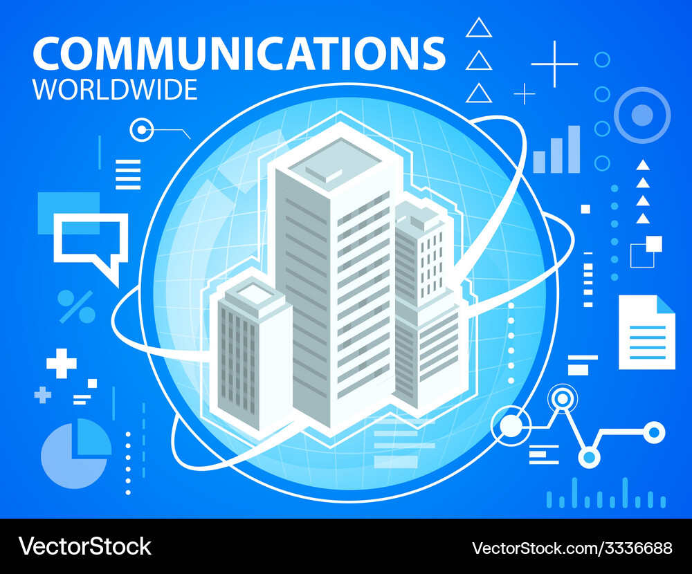 Bright planet and buildings on blue background Vector Image