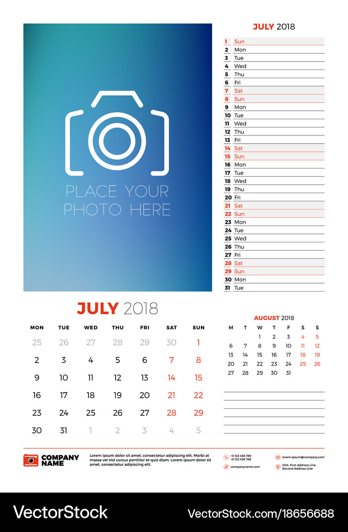 Calendar planner template for 2018 year july Vector Image