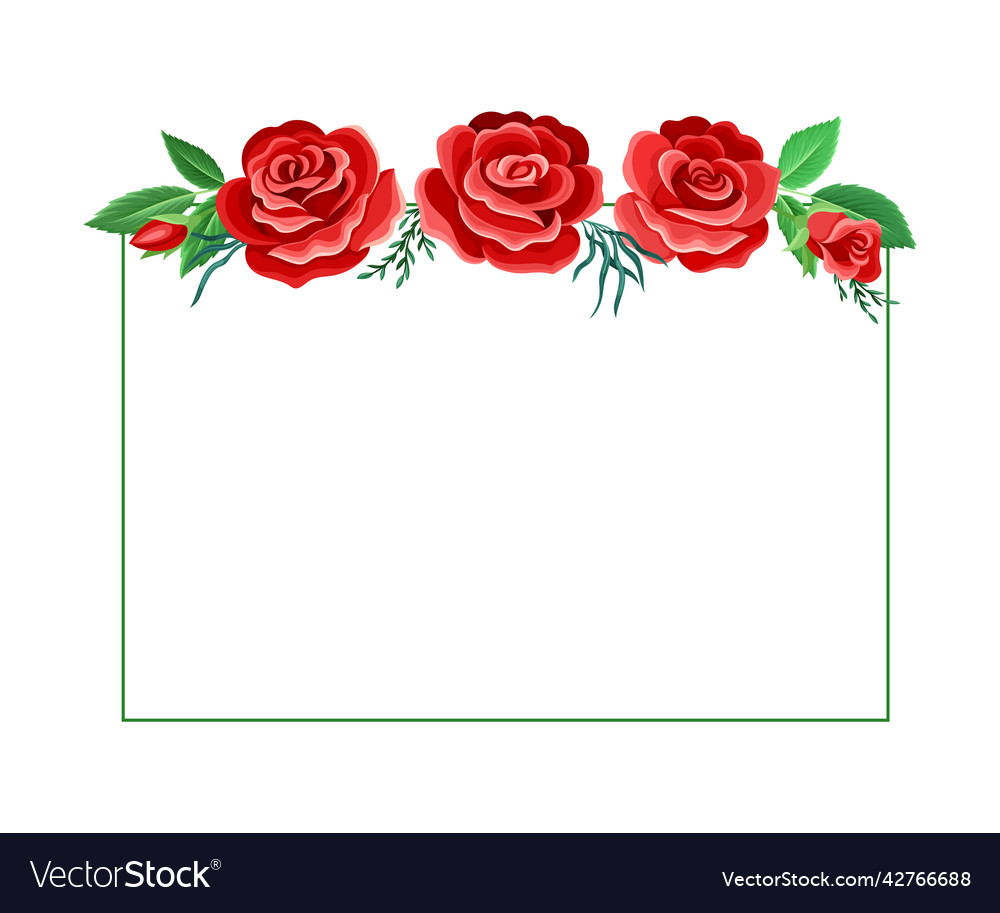 Rectangular rose frame with red lush bud and green