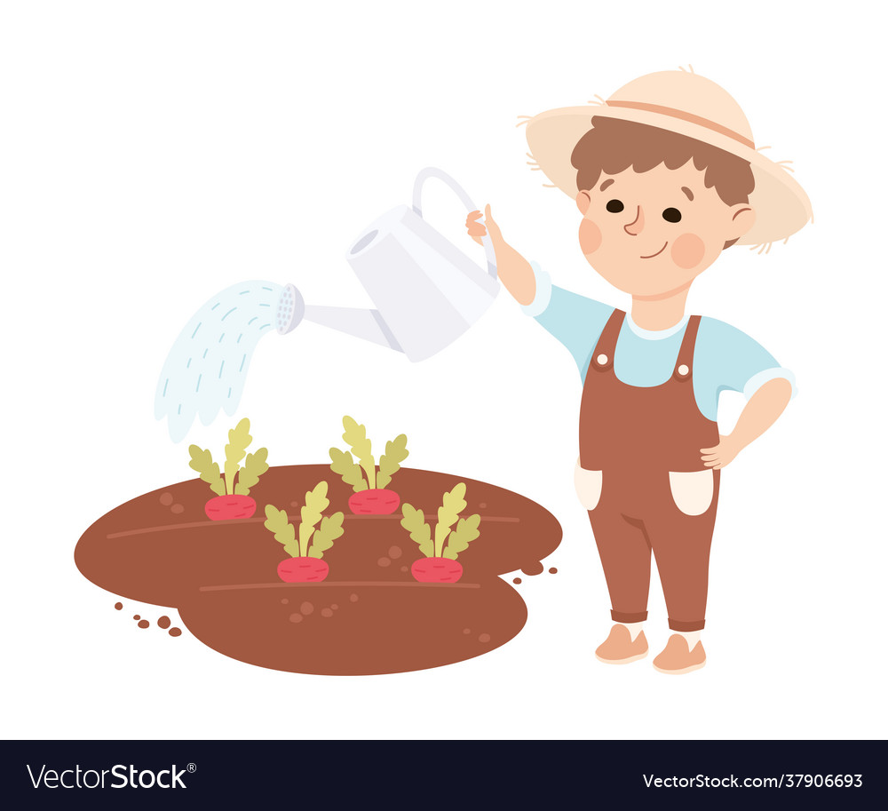 Cheerful boy watering plants depicting gardener Vector Image