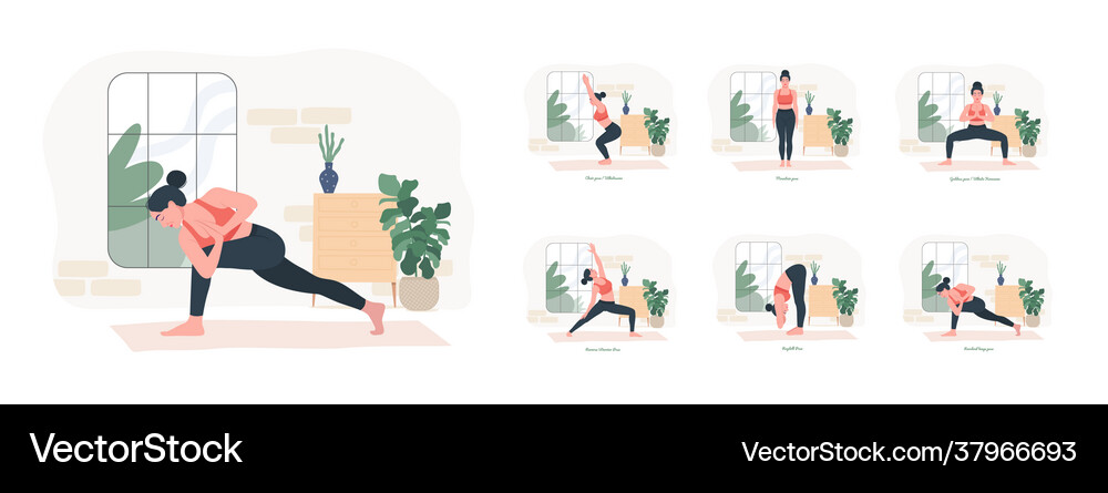 Yoga poses set young woman practicing pose Vector Image