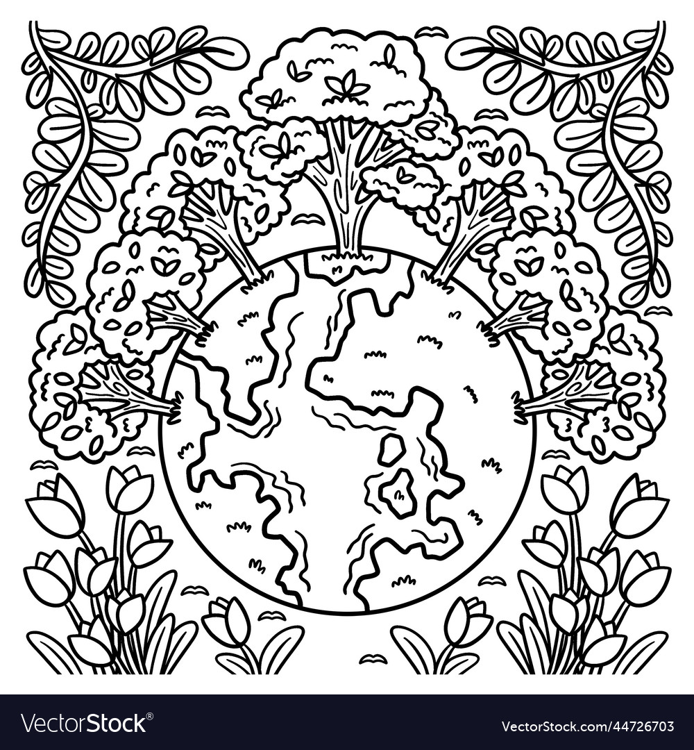 Earth day trees crowning coloring page Royalty Free Vector
