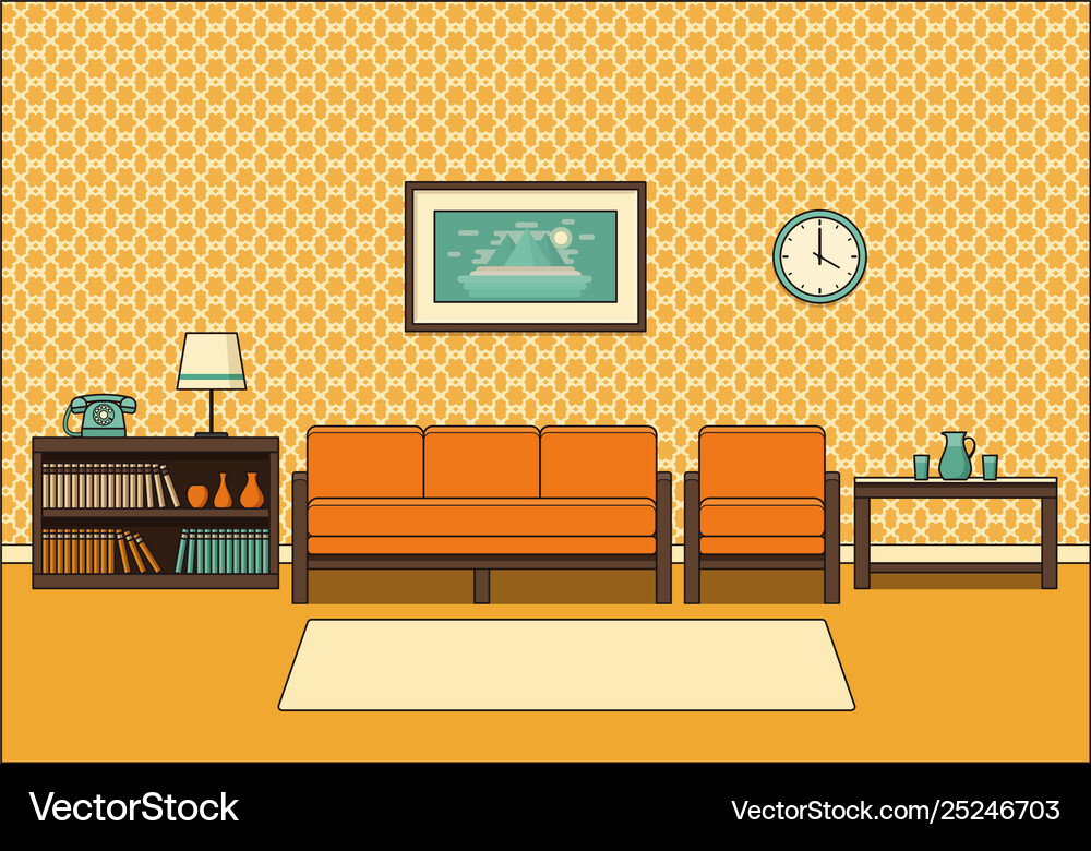 Retro room interior in line art flat design Vector Image