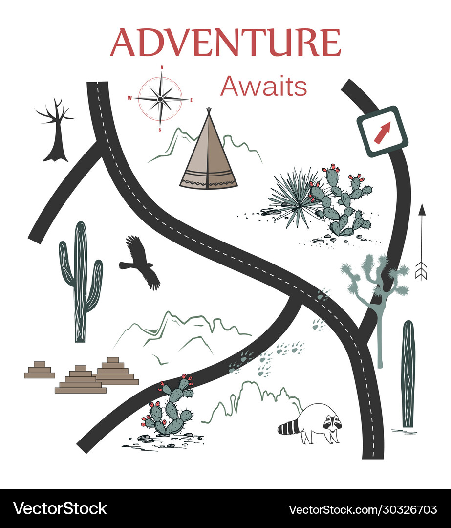 Roads mountains and cacti adventure map design Vector Image
