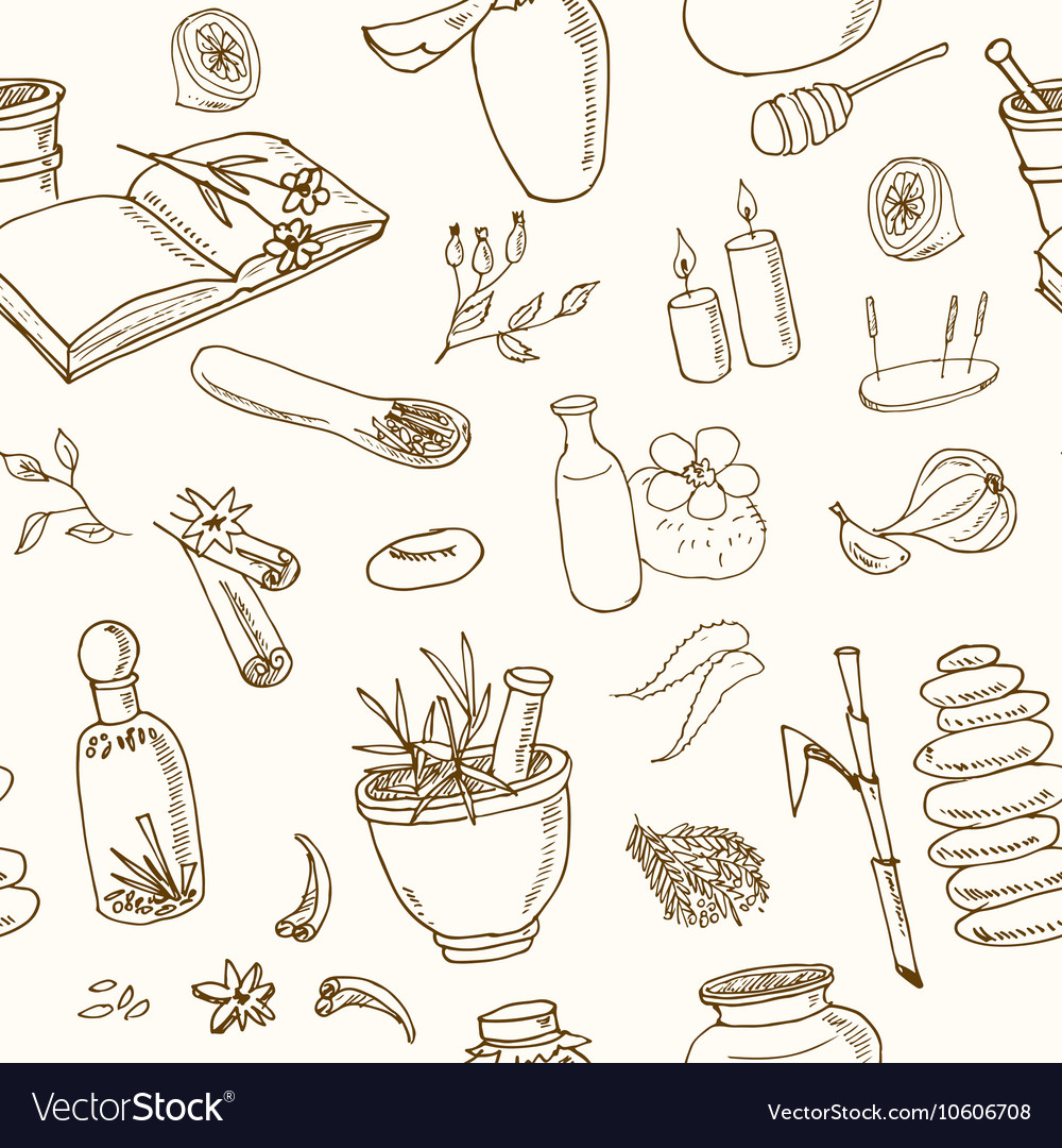 Doodle seamless pattern ayurveda elements Vector Image