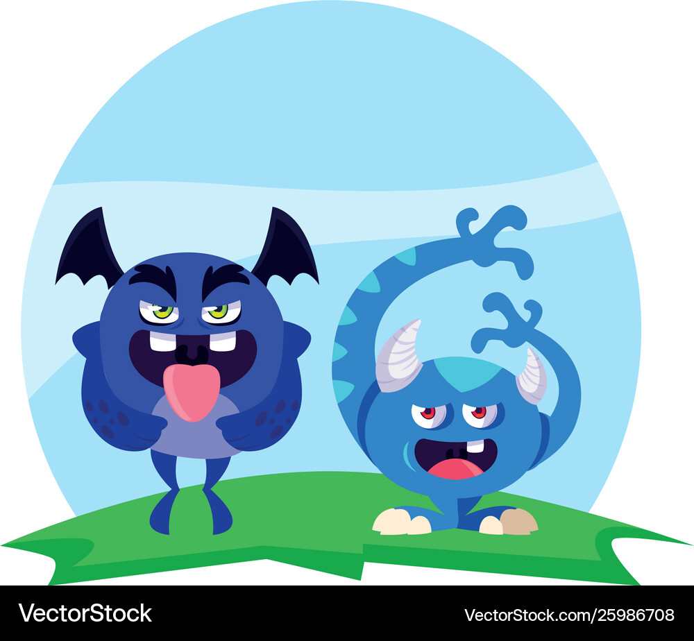 Funny monsters couple in field characters Vector Image