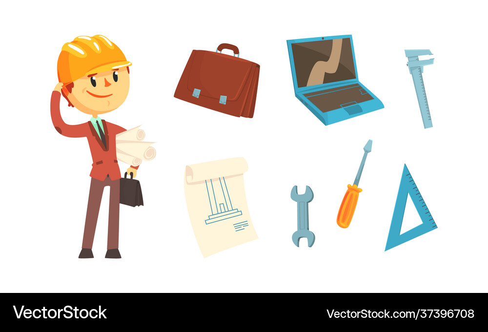 Male architect and professional equipment set Vector Image