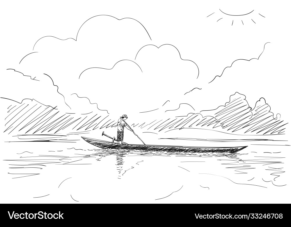 Man standing and rowing long boat on lake Vector Image